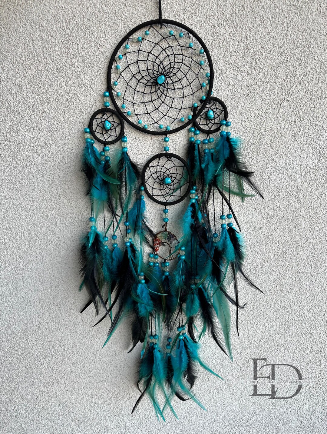 Blue Tree of Life Feathered Dreamcatcher, Healing Stone Wall Hanging ...