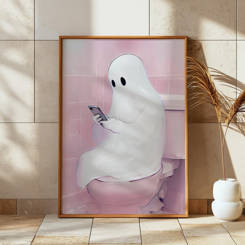Funny Bathroom Art Ghost Painting Ghost Sitting on the Toilet Scrolling ...