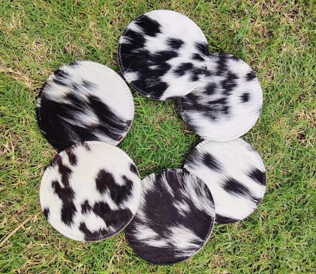 Black and White Cowhide Coasters: Set of 6 Hair-on Leather Drink ...