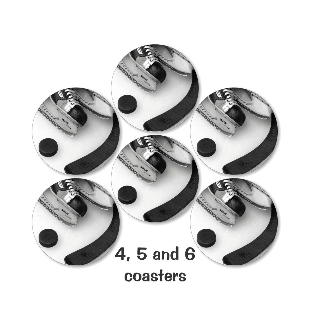 Ice Hockey Skate Puck Stick Glossy Round Cork Backed Coasters (sets of ...