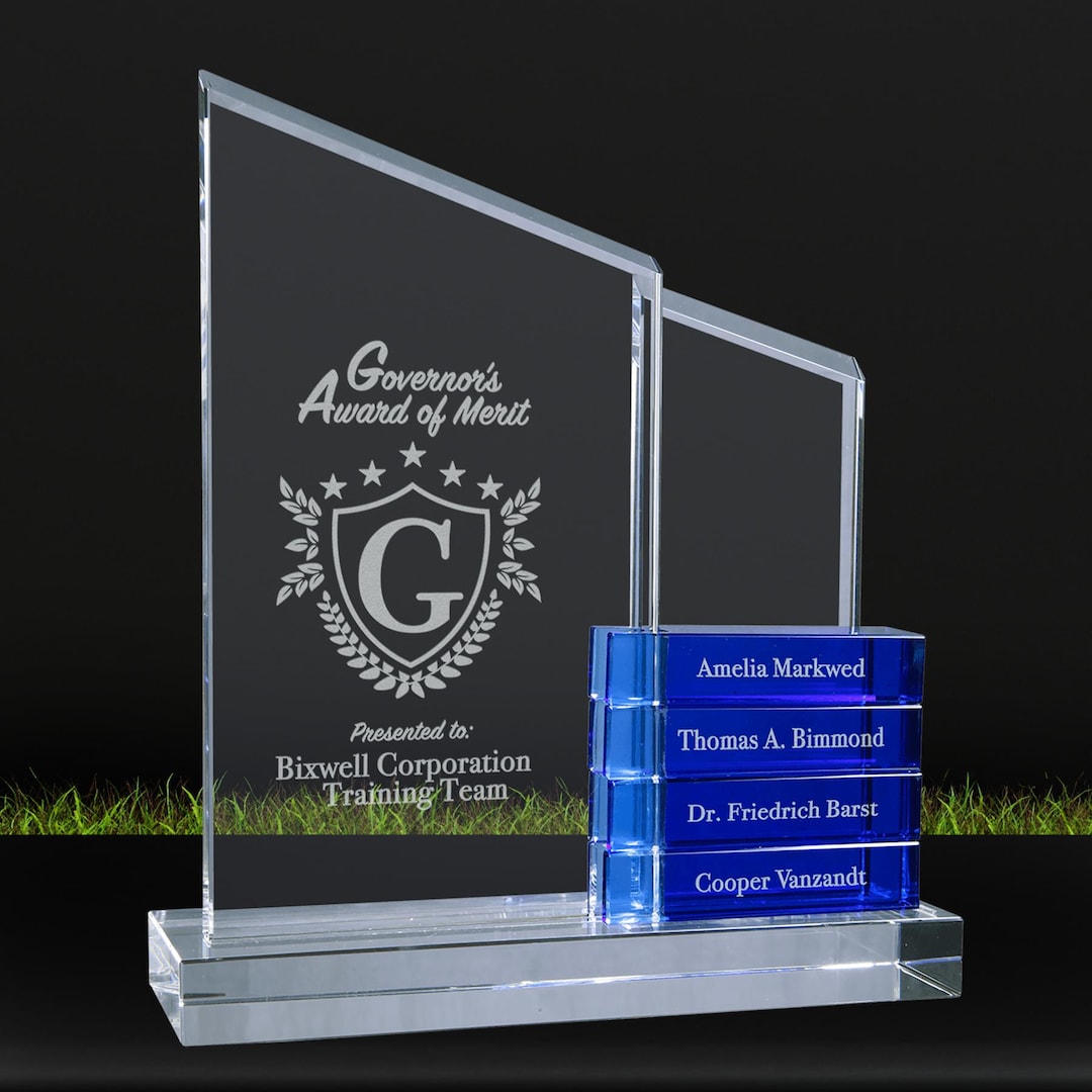 Personalized Crystal Perpetual Stand up Awards Plaque With 4 Blue ...