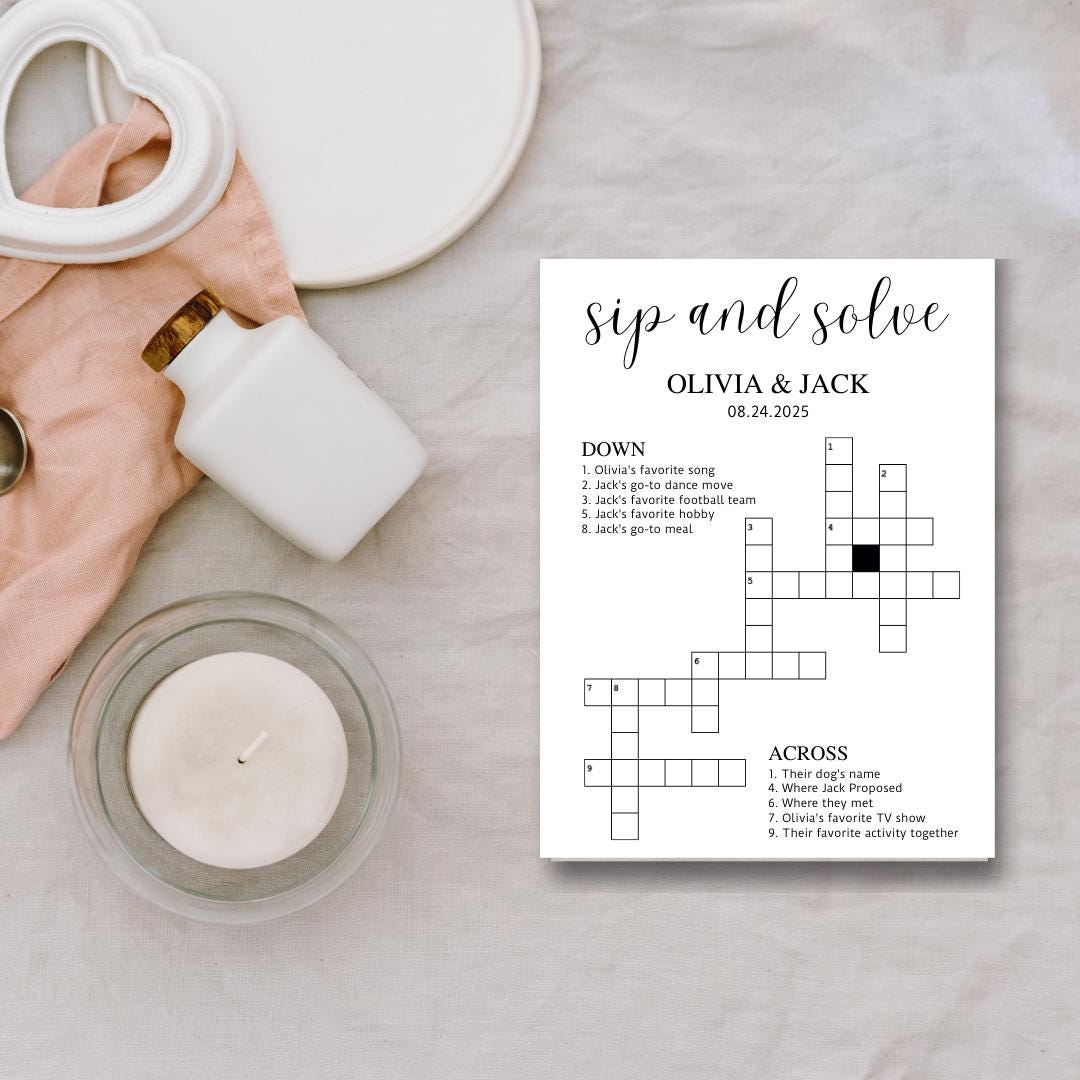 Sip and Solve Custom Wedding Crossword Puzzle Template Bridal Shower ...