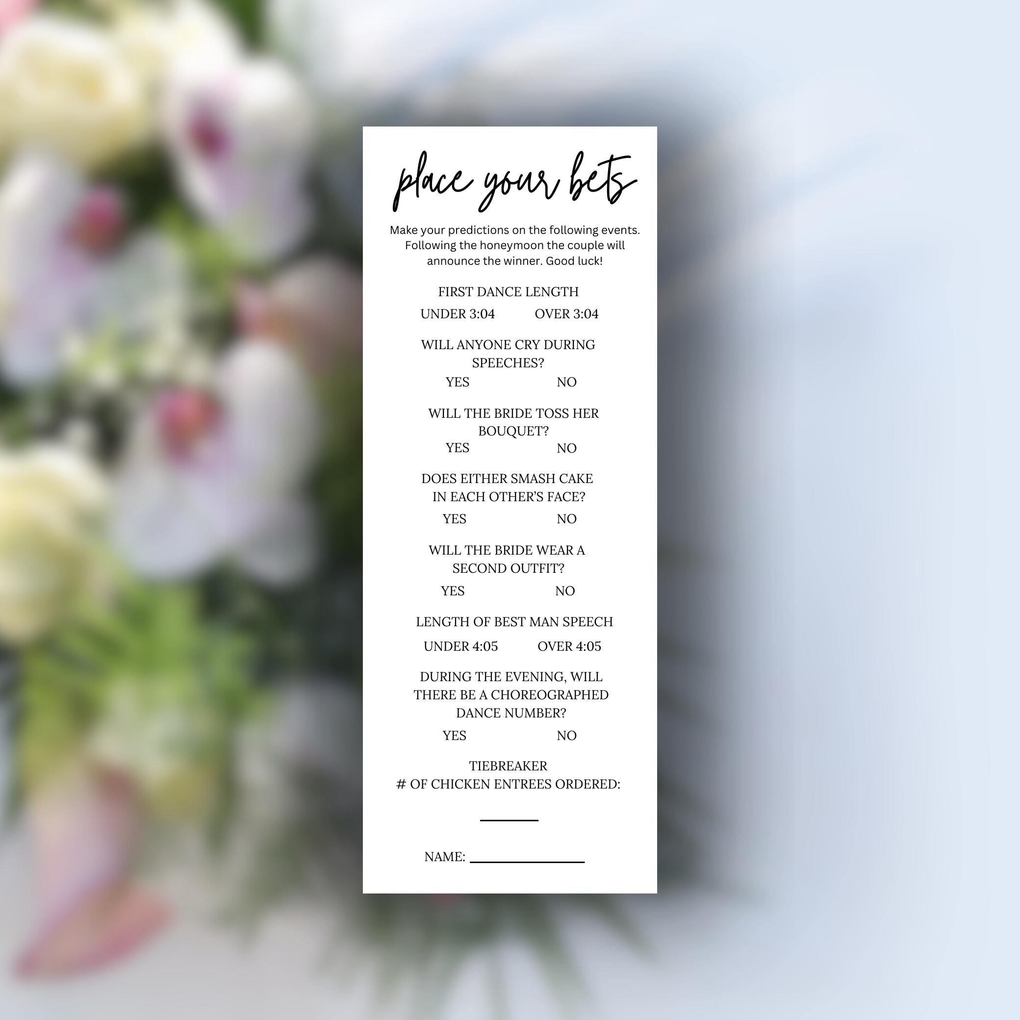 Wedding Place Your Bets Card, Betting on Love Wedding Prop Bets Wedding ...