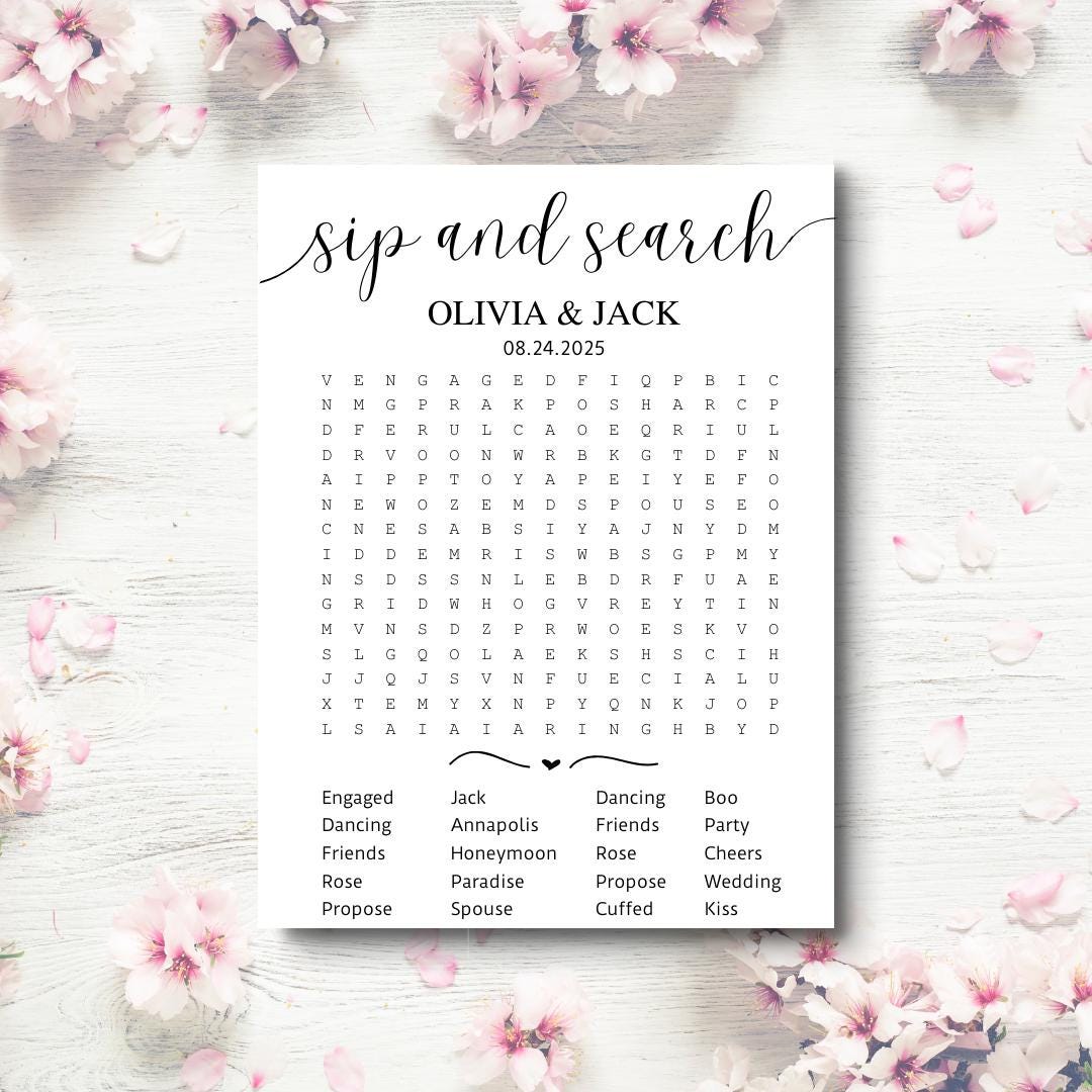 Wedding Word Search Template, Bridal Shower Games Personalized Word ...
