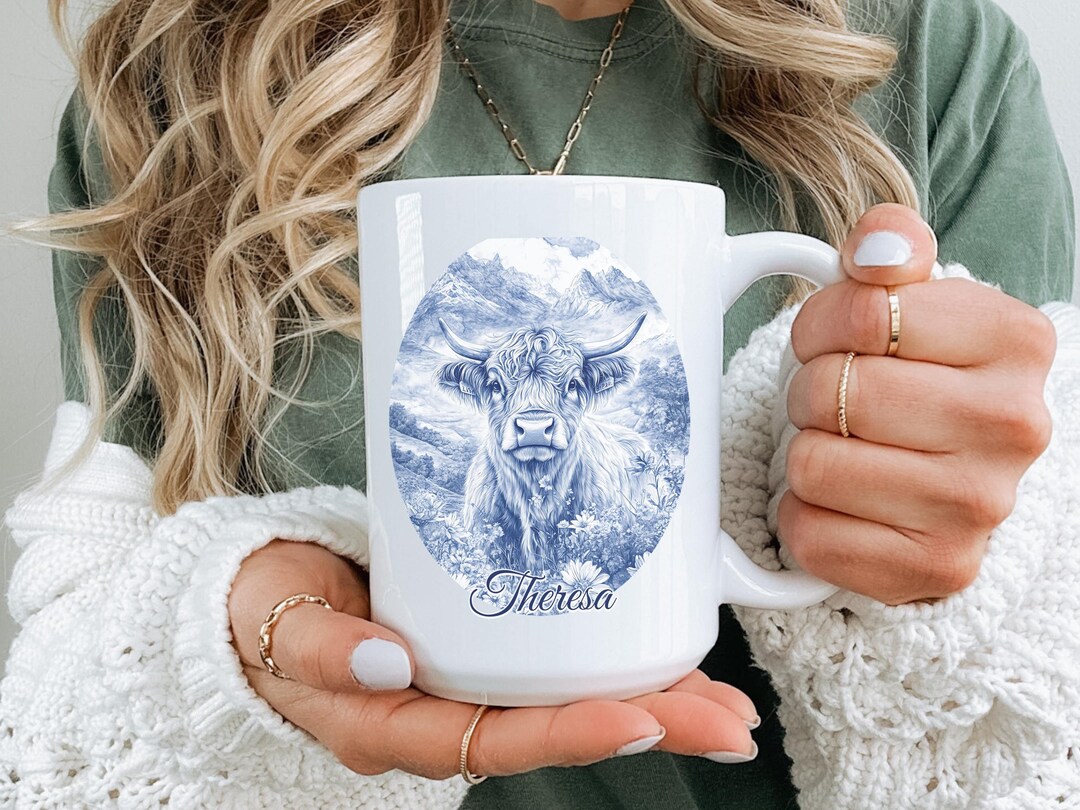 Highland Cow Ceramic Mug - Personalized Blue Toile Coffee Cup, Gift for ...