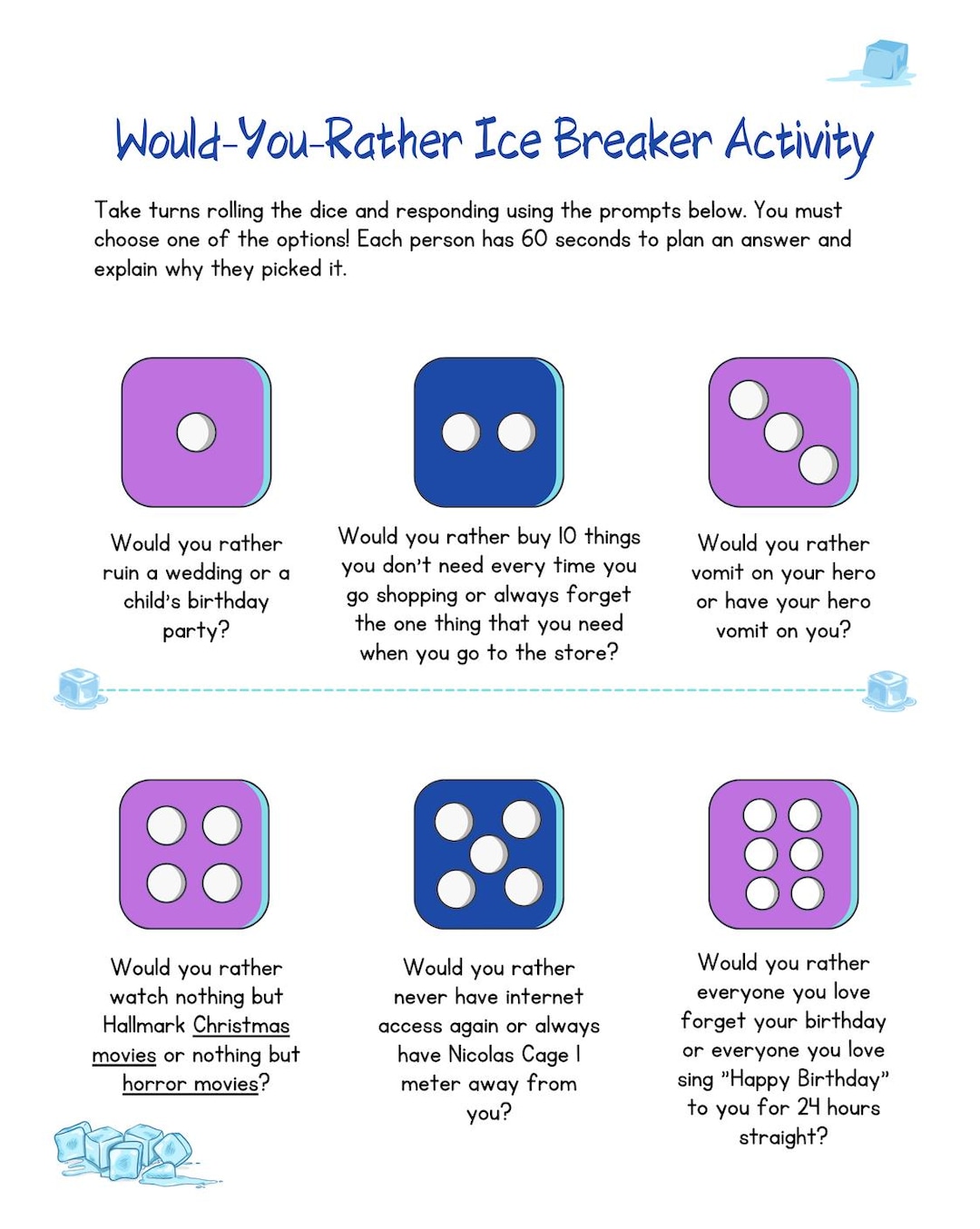 Funny Would You Rather Ice Breaker Game Printable - Etsy