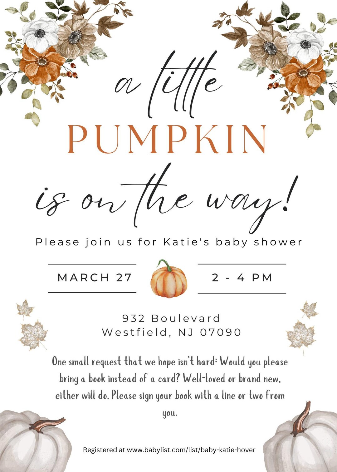 Custom Fall Theme Baby Shower Invitation, Fall Baby Shower Evite, Fall ...