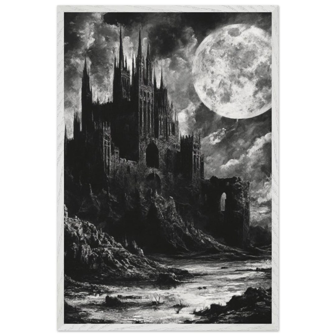 Majestic Gothic Castle Wall Art Full Moon Scene Framed Poster & Canvas ...