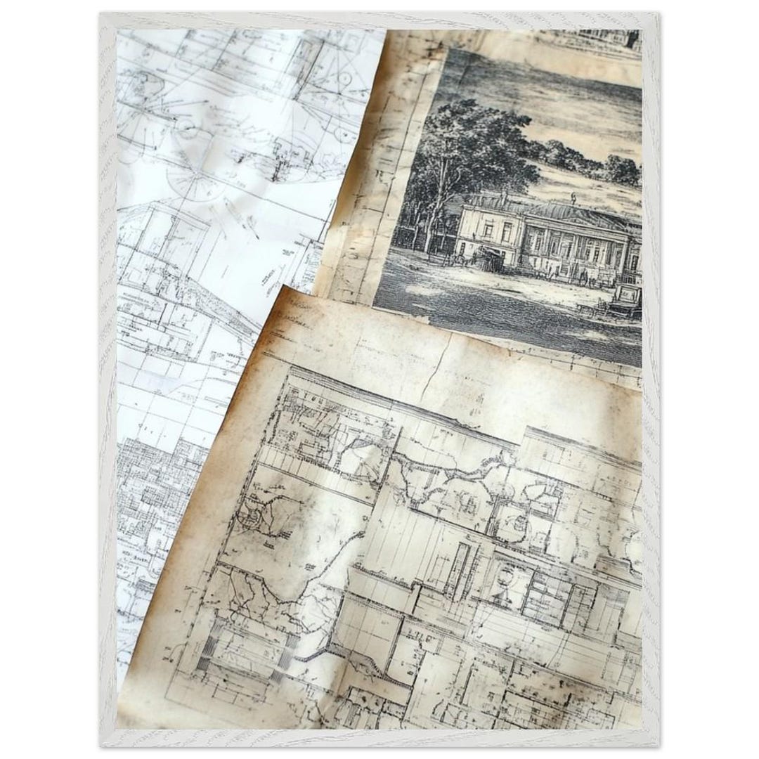 Vintage Architectural Blueprint Art Collection Framed Prints in Small ...