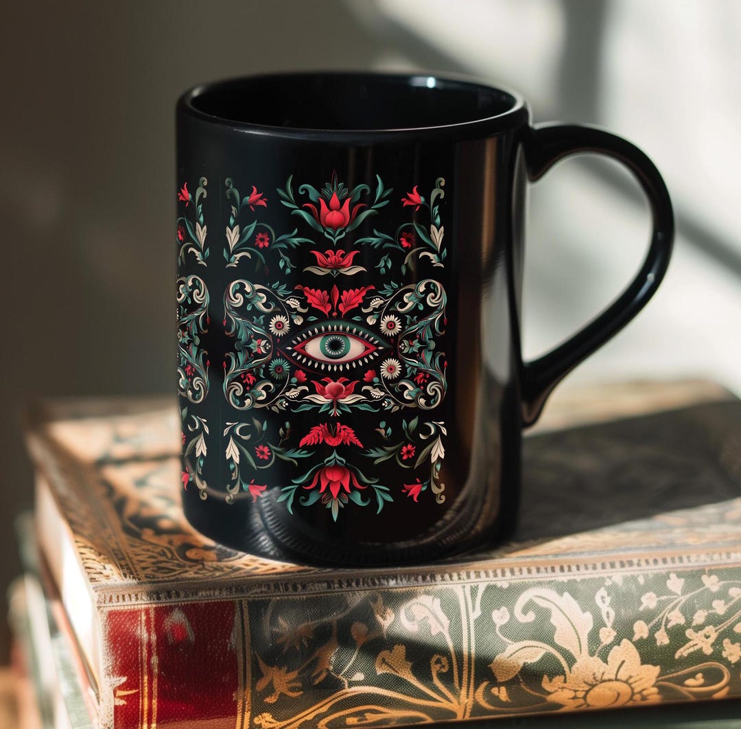 Folk Art Evil Eye Mug, Black Ceramic Coffee Cup, Mystical Floral Tea ...