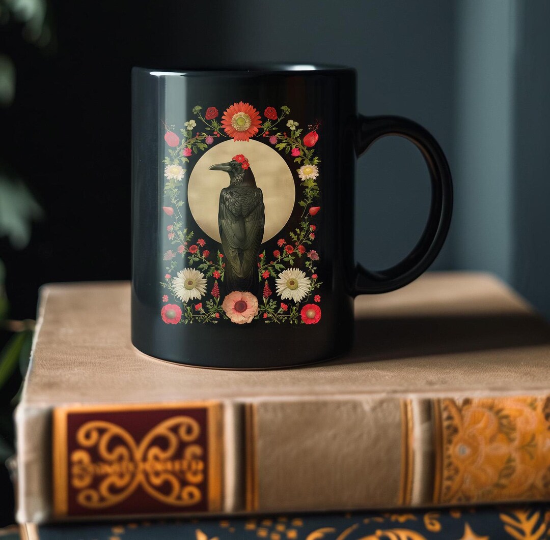 Mystical Raven Ceramic Mug, Black Floral Coffee Cup, Gothic Victorian ...