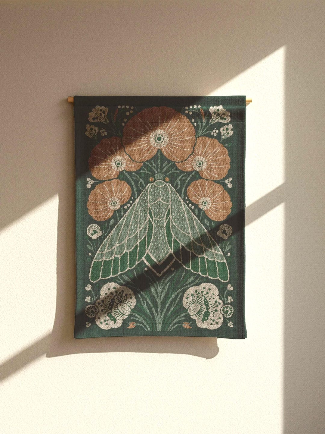 Art Nouveau Woven Moth Tapestry - Green and Pink Floral Wall Hanging ...