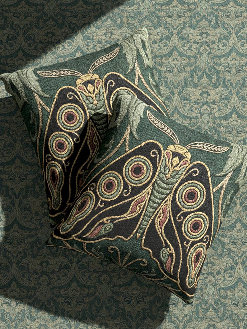 Art Nouveau Woven Tapestry Pillow, Emperor Moth Cushion, Cottagecore ...