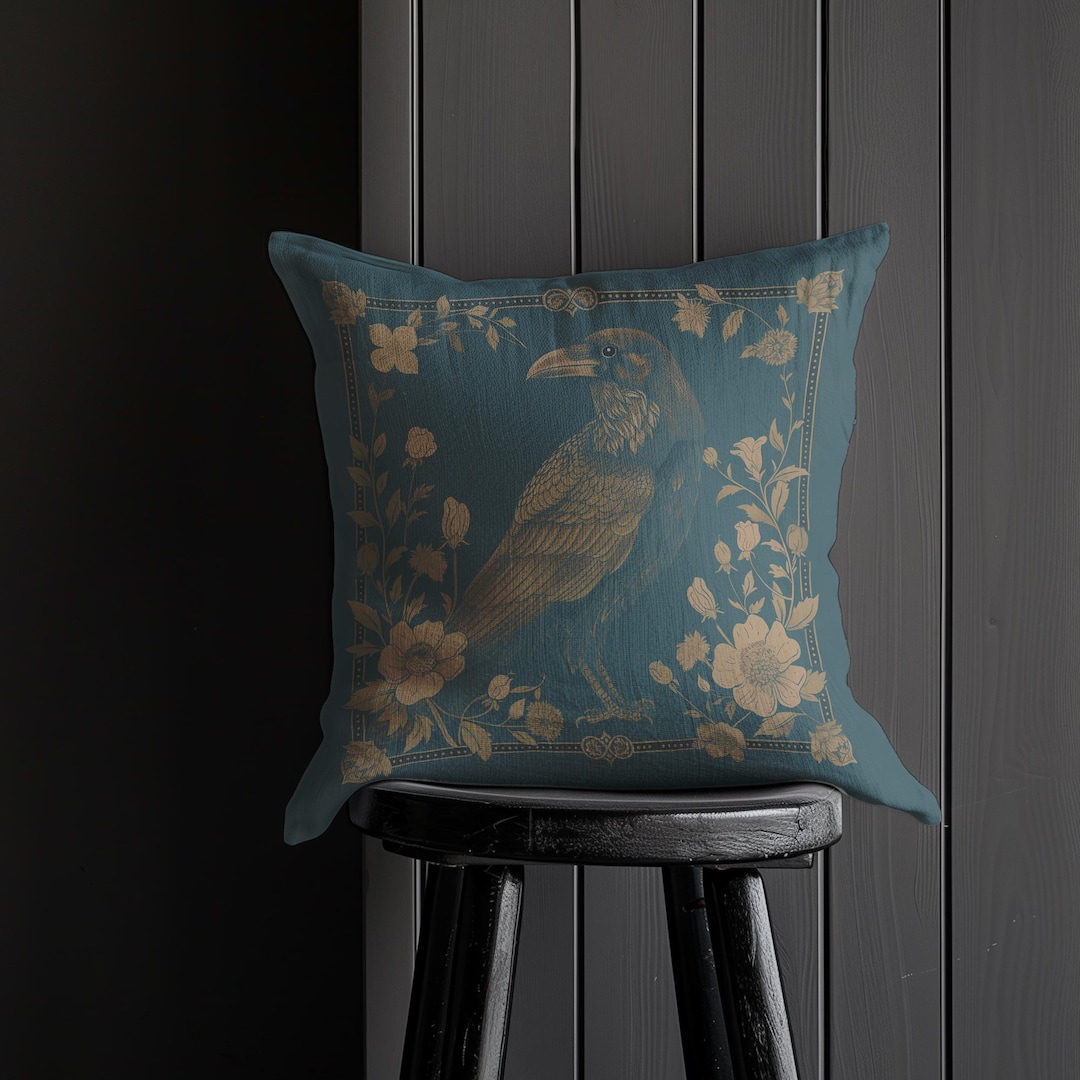 Emerald Raven Pillow Cover, Vintage Bird Art, Dark Academia Decor ...