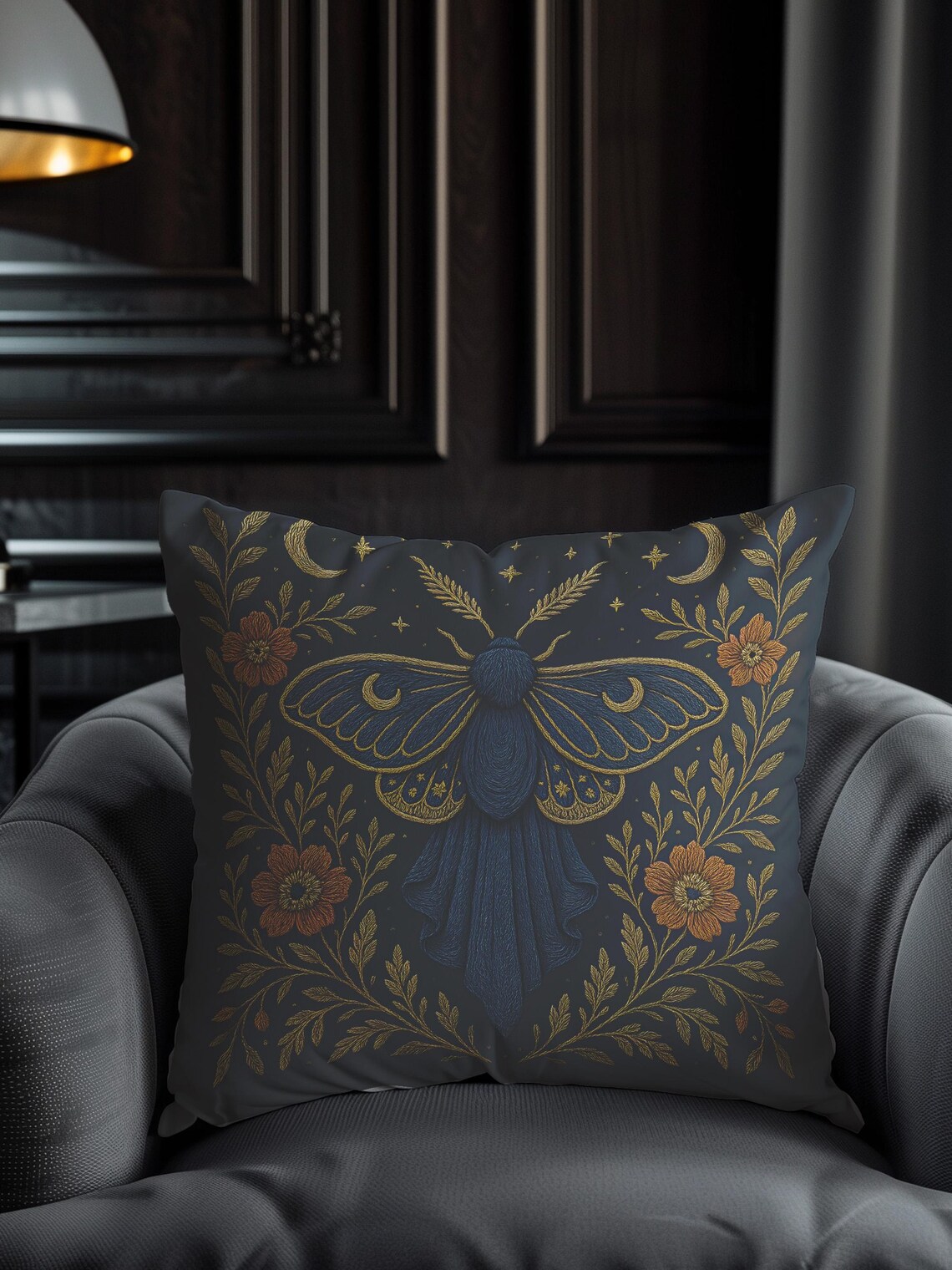 Celestial Moth Throw Pillow Cover With Moon and Floral Design ...