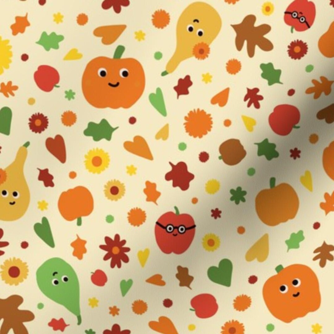Whimsical Cute Fall Food With Faces Fabric by the Yard Medium, Pumpkins ...