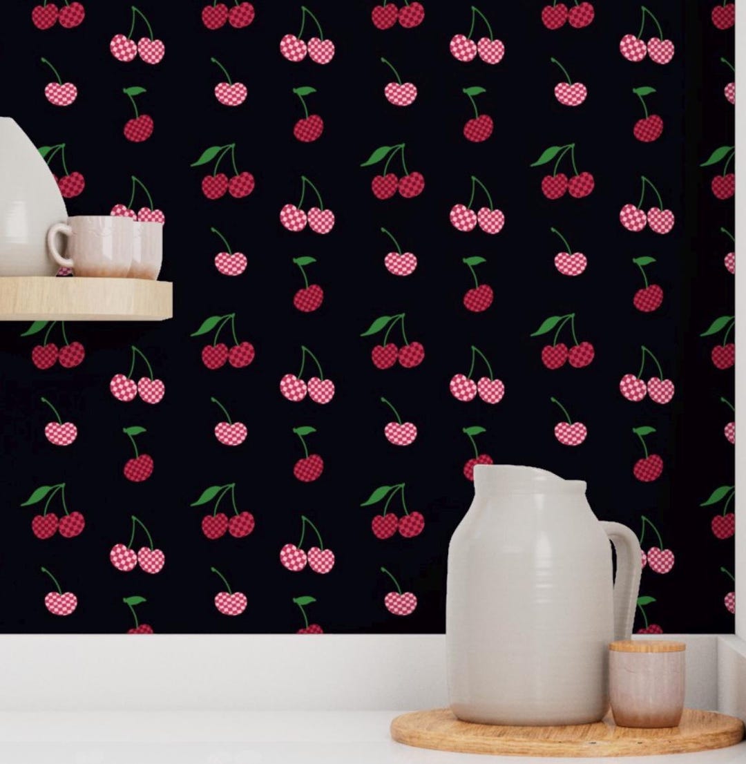 Checkerboard Cherries Black Wallpaper Sample 24" X 12" | Peel and Stick ...