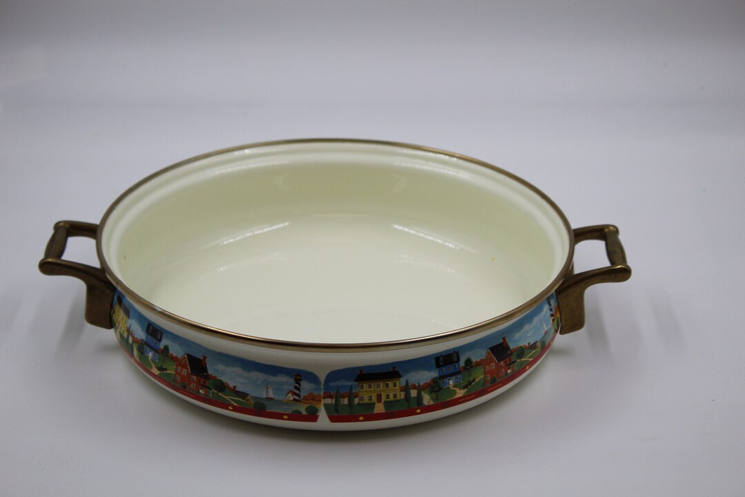 VINTAGE Enamelware Rare COLONIAL VILLAGE With Brass Handles Cookware ...