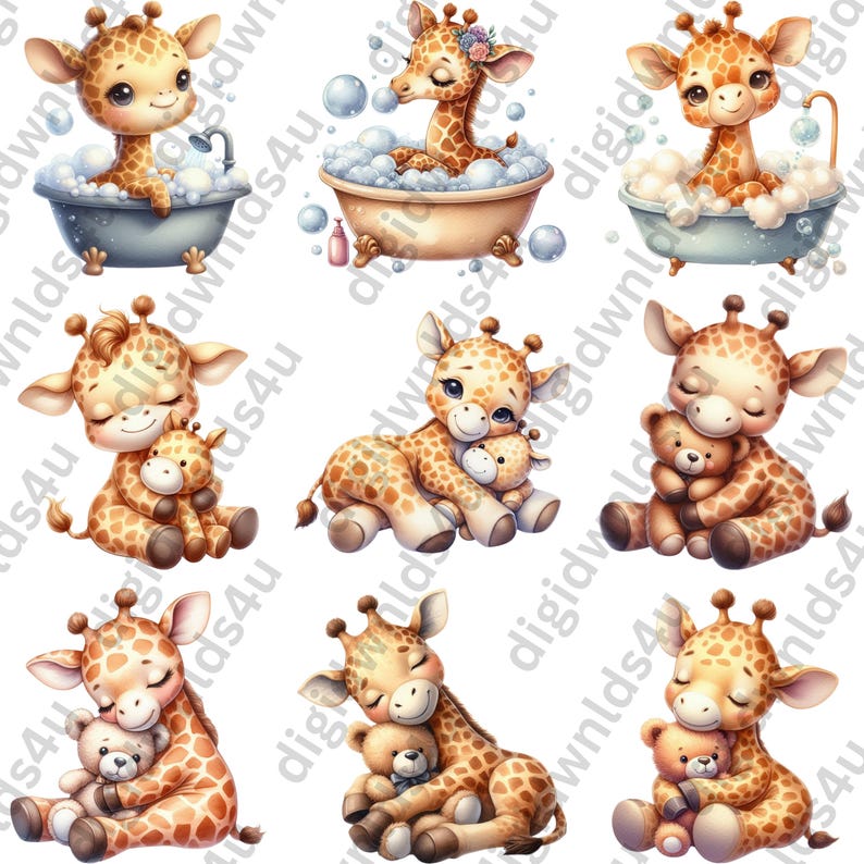 Watercolor Baby Giraffe Clipart Bundle: Nursery Art PNG Images (digital ...
