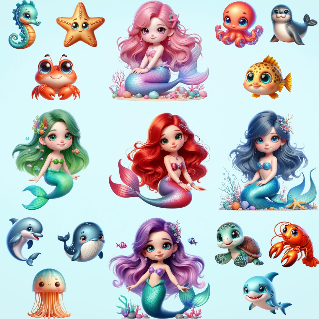 Mermaids and Sea Life Clipart Bundle: PNG Sublimation Graphics ...