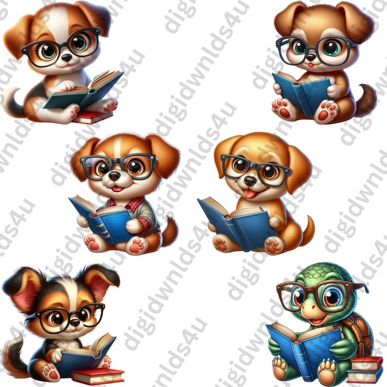 Baby Animals Reading Books Clipart Bundle: Kids Literacy PNG Images ...