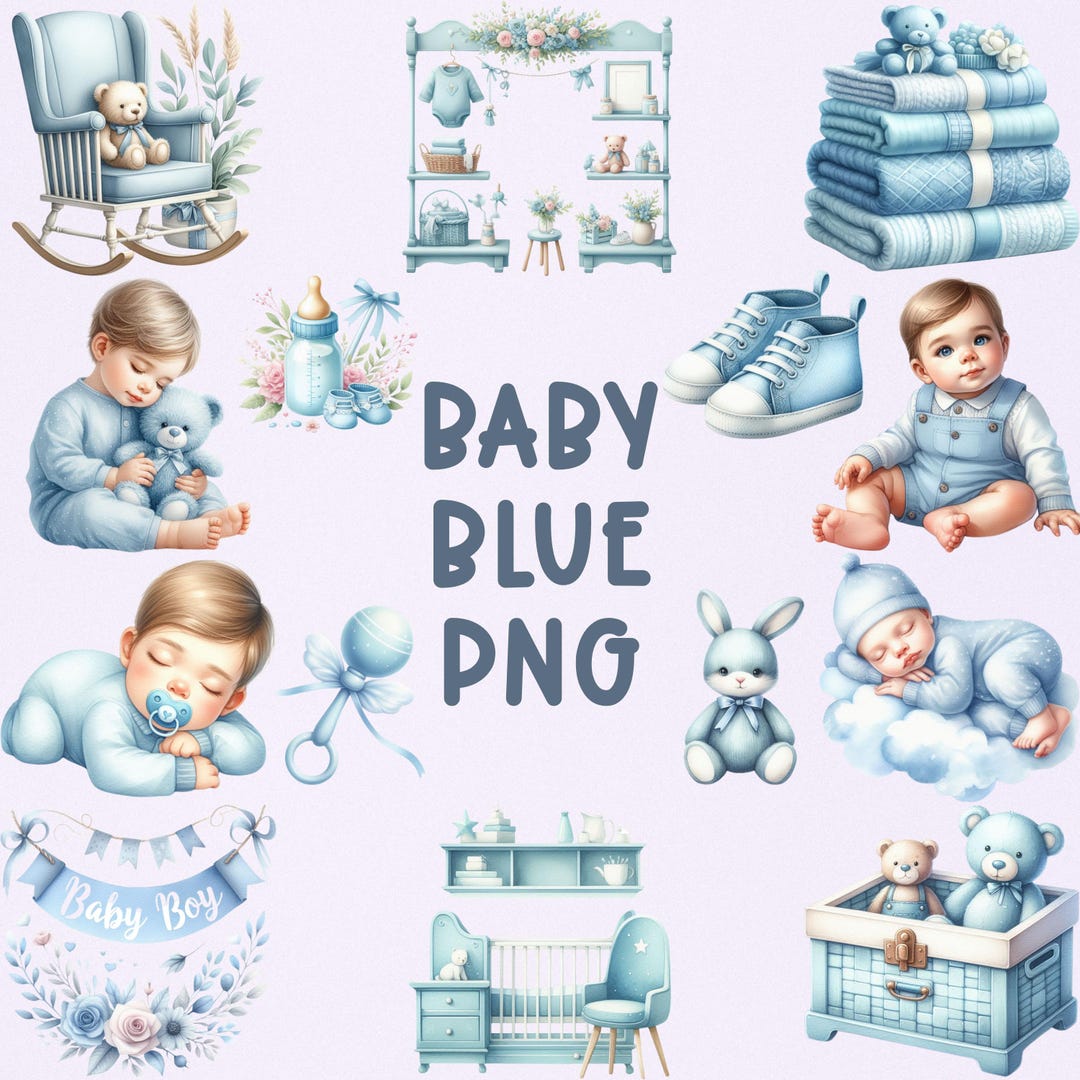 Baby Blue Clipart PNG Bundle: Watercolor Baby Boy Images (digital ...