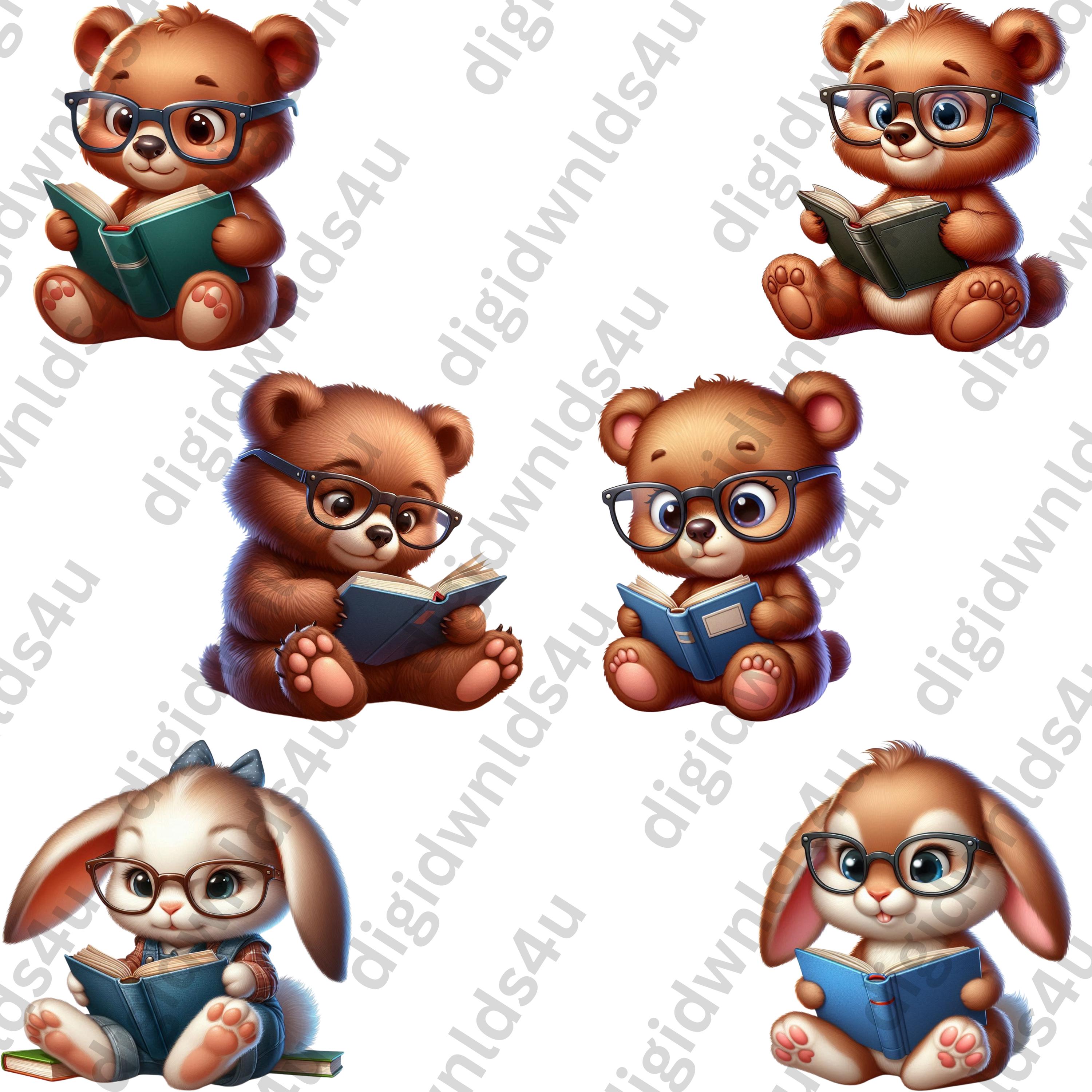 Baby Animals Reading Books Clipart Bundle: Kids Literacy PNG Images ...