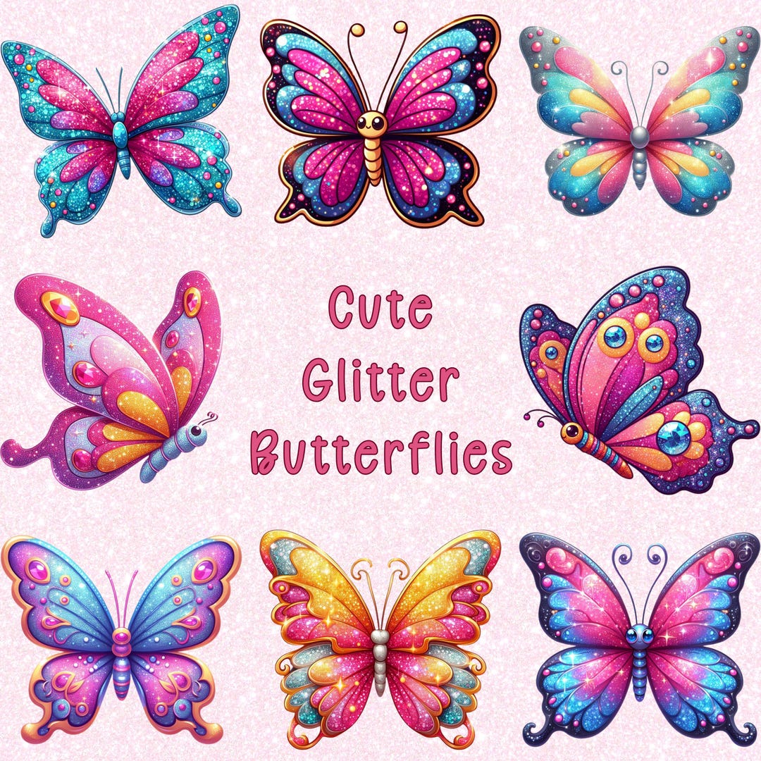 Glitter Butterfly Clipart – 50 PNG Sublimation Graphics (commercial Use ...
