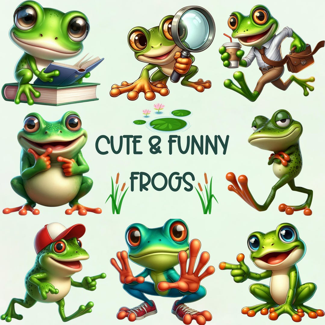 45 Cute and Funny Frogs Clipart PNG Sublimation Bundle Digital Download ...