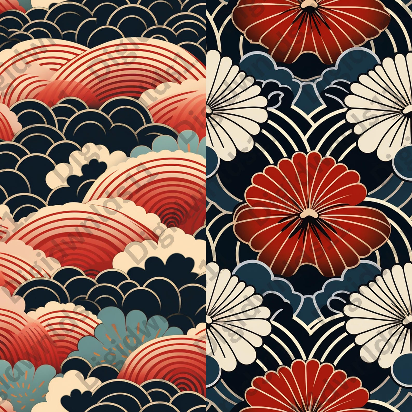 Seamless Japanese Wave Pattern Set: Asian PNG Designs (digital Download ...