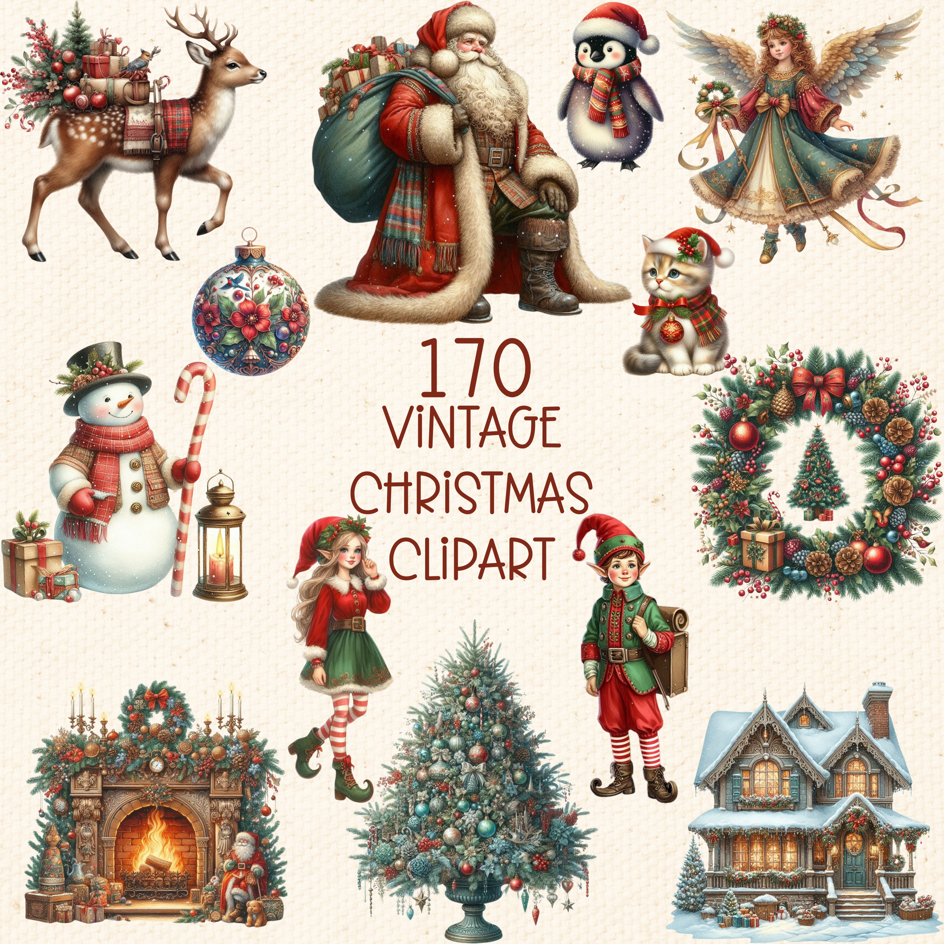 170 Vintage Christmas Clipart Sublimation Download Classic Xmas PNG ...