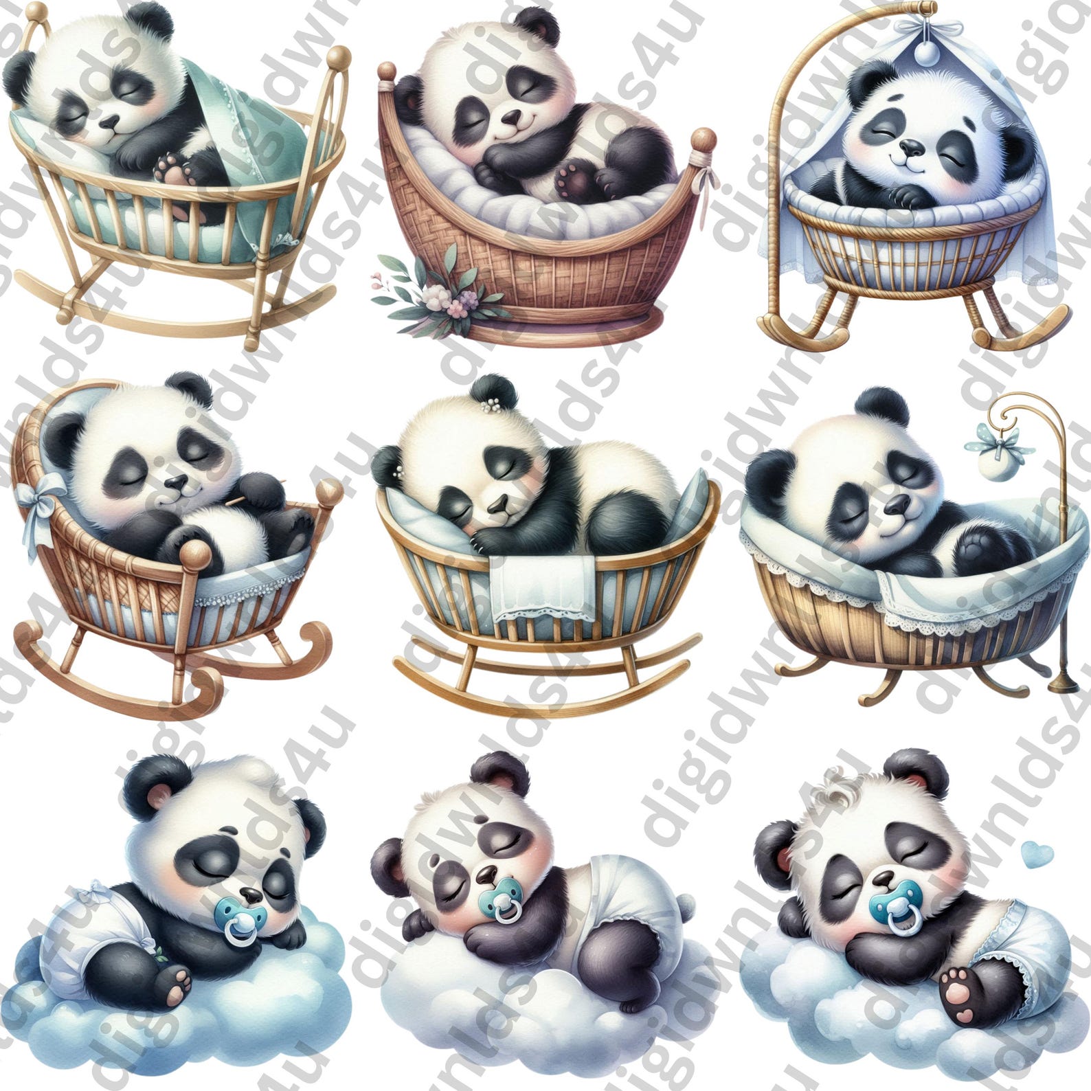 Watercolor Baby Panda Clipart Bundle: Nursery Art PNG Images (digital ...