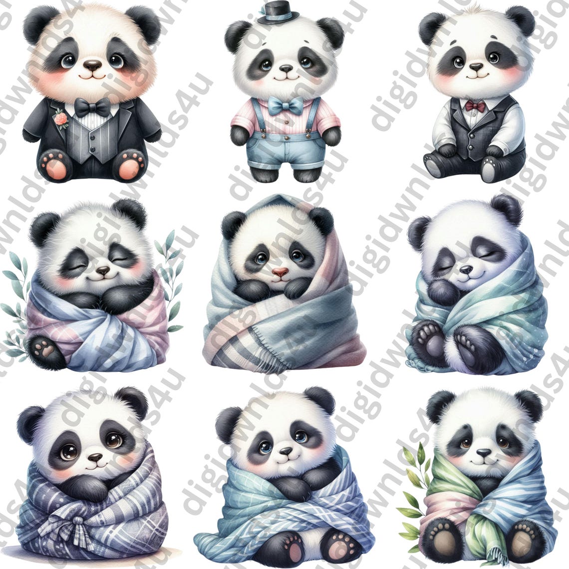 Watercolor Baby Panda Clipart Bundle: Nursery Art PNG Images (digital ...