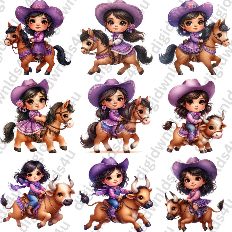 Purple Hispanic Cowgirl Clipart Bundle: Vaquera Morado PNG (commercial ...