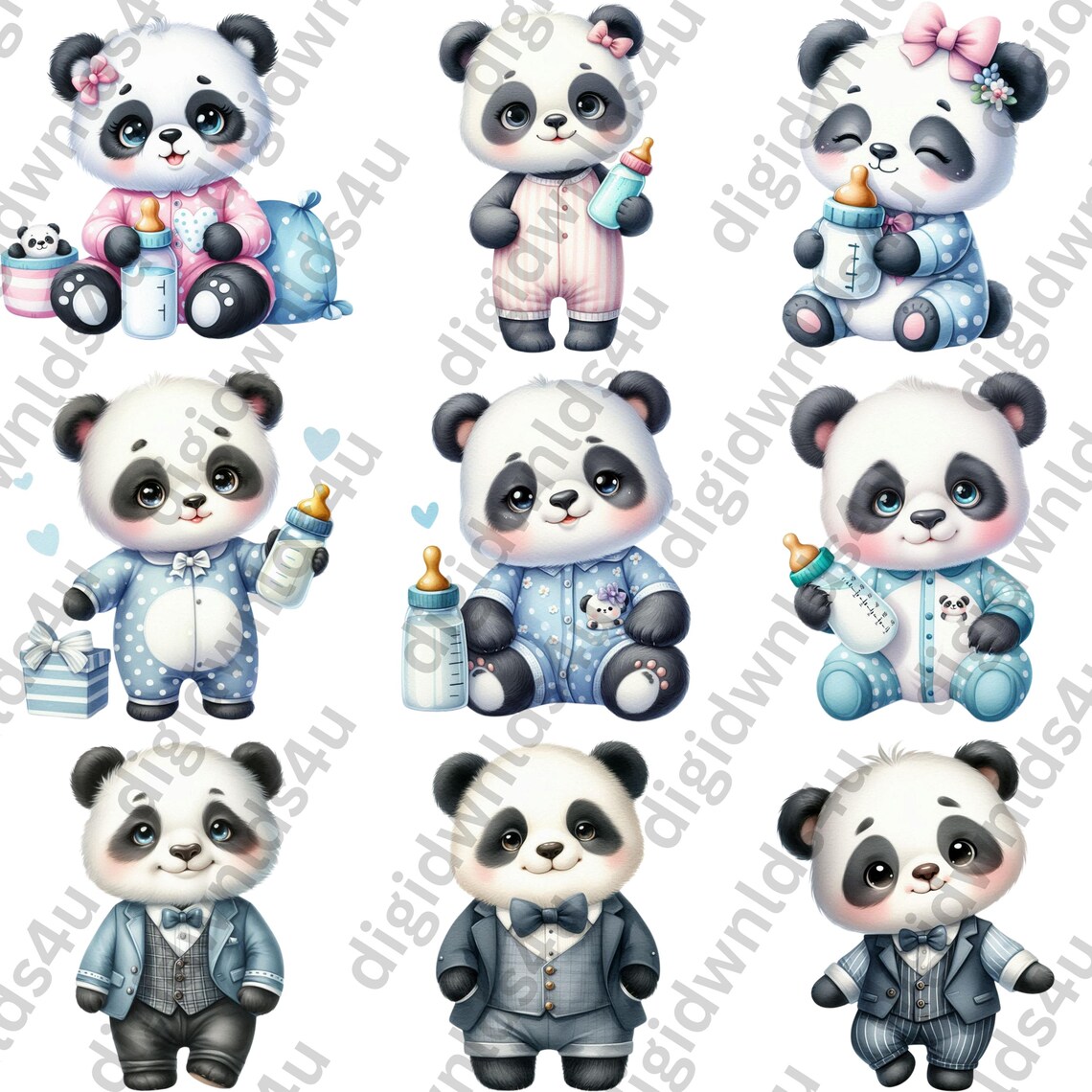 Watercolor Baby Panda Clipart Bundle: Nursery Art PNG Images (digital ...