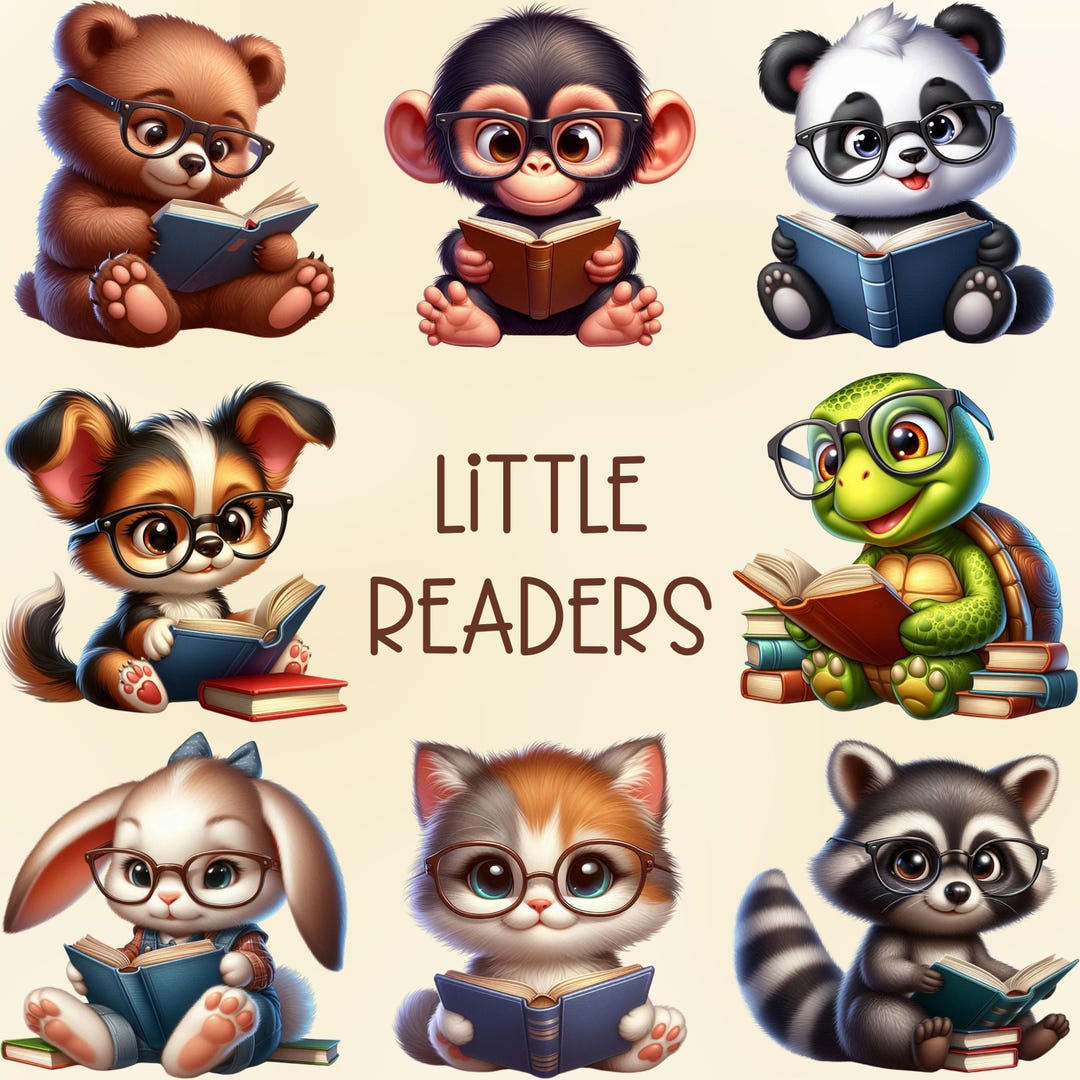 Baby Animals Reading Books Clipart Bundle: Kids Literacy PNG Images ...