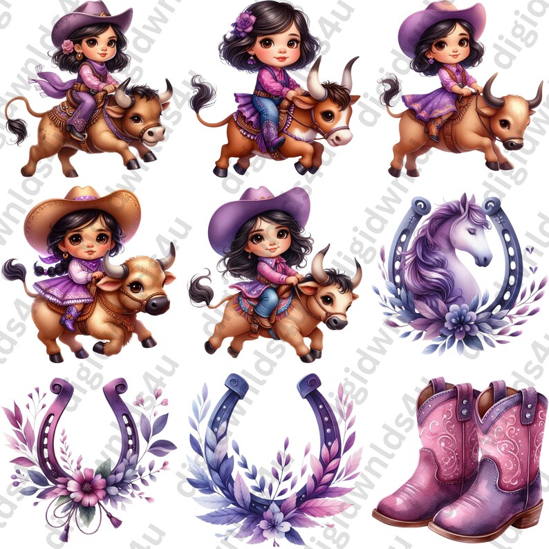 Purple Hispanic Cowgirl Clipart Bundle: Vaquera Morado PNG (commercial ...