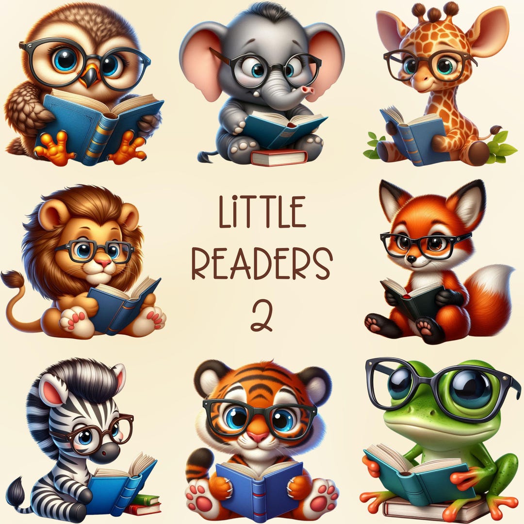 Baby Animal Readers Clipart Bundle: PNG Images for POD Use (digital ...