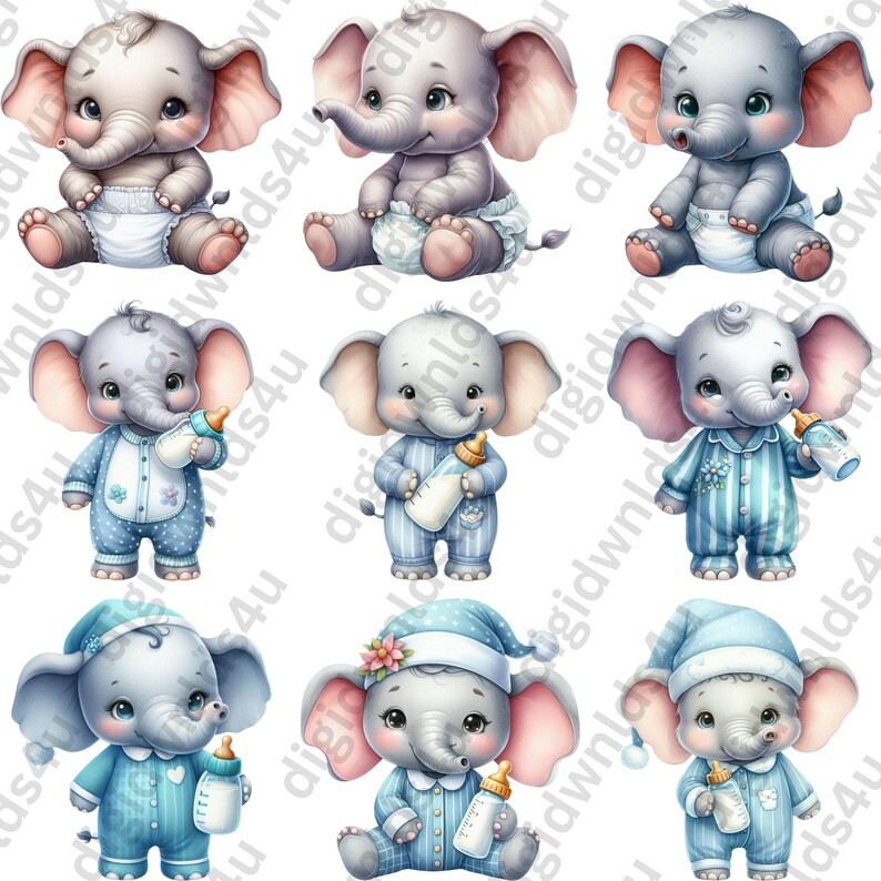 54 Watercolor Baby Elephants PNG Clipart and Sublimation Bundle Digital ...