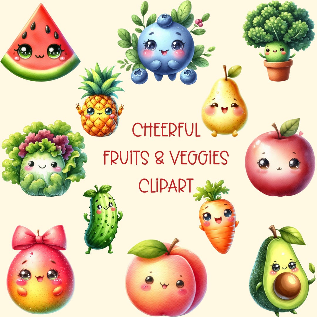 115 Cheerful Fruits and Veggies Clipart PNG and SVG Sublimation Bundle ...