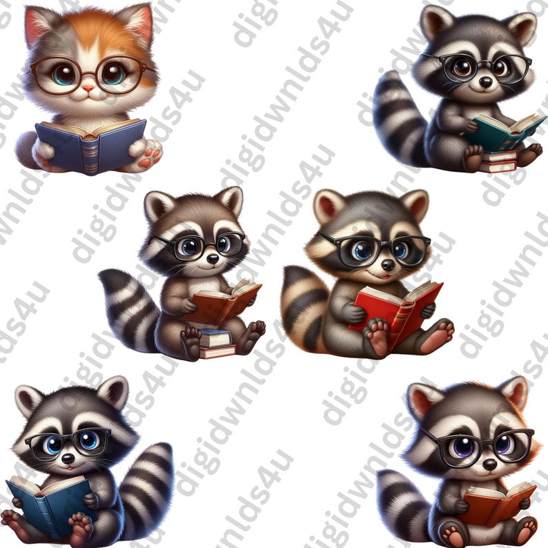 Baby Animals Reading Books Clipart Bundle: Kids Literacy PNG Images ...
