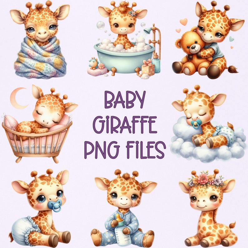 75 Watercolor Baby Giraffe Clipart PNG Sublimation Bundle Digital ...