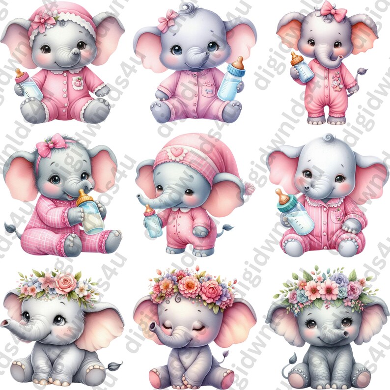 54 Watercolor Baby Elephants PNG Clipart and Sublimation Bundle Digital ...