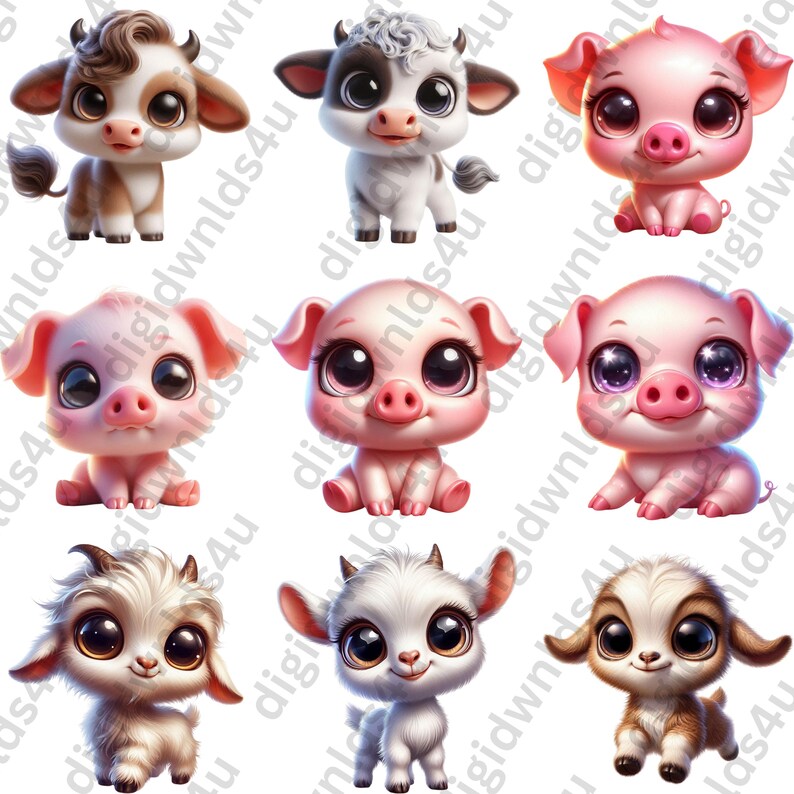 Big-eyed Farm Animal Babies PNG Clipart and Sublimation Bundle ...