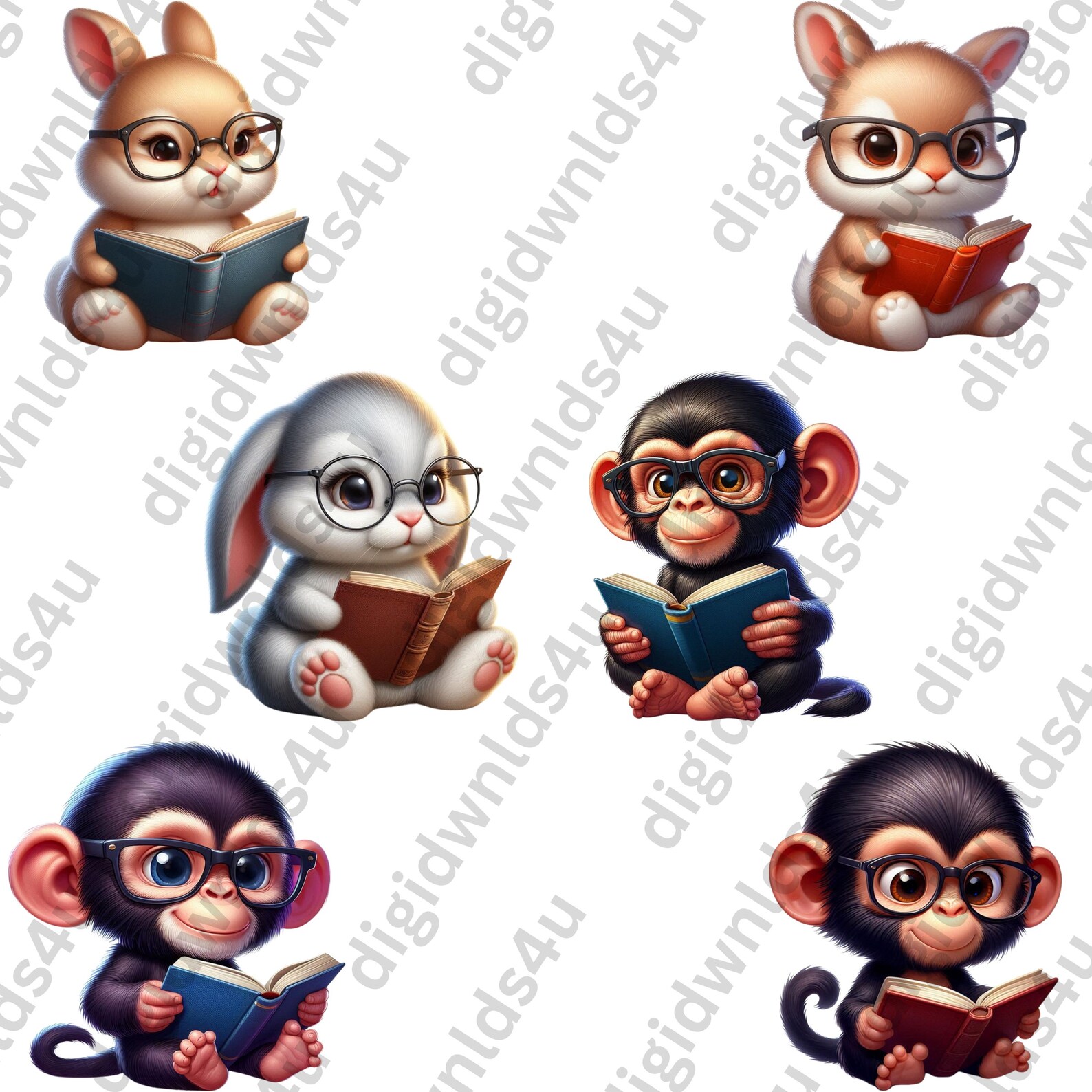 Baby Animals Reading Books Clipart Bundle: Kids Literacy PNG Images ...