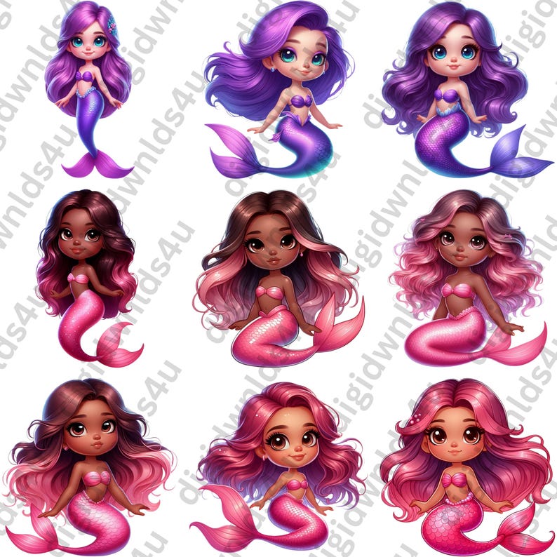 Mermaids Clipart PNG Bundle: Diverse Skin Tones, Commercial Use ...