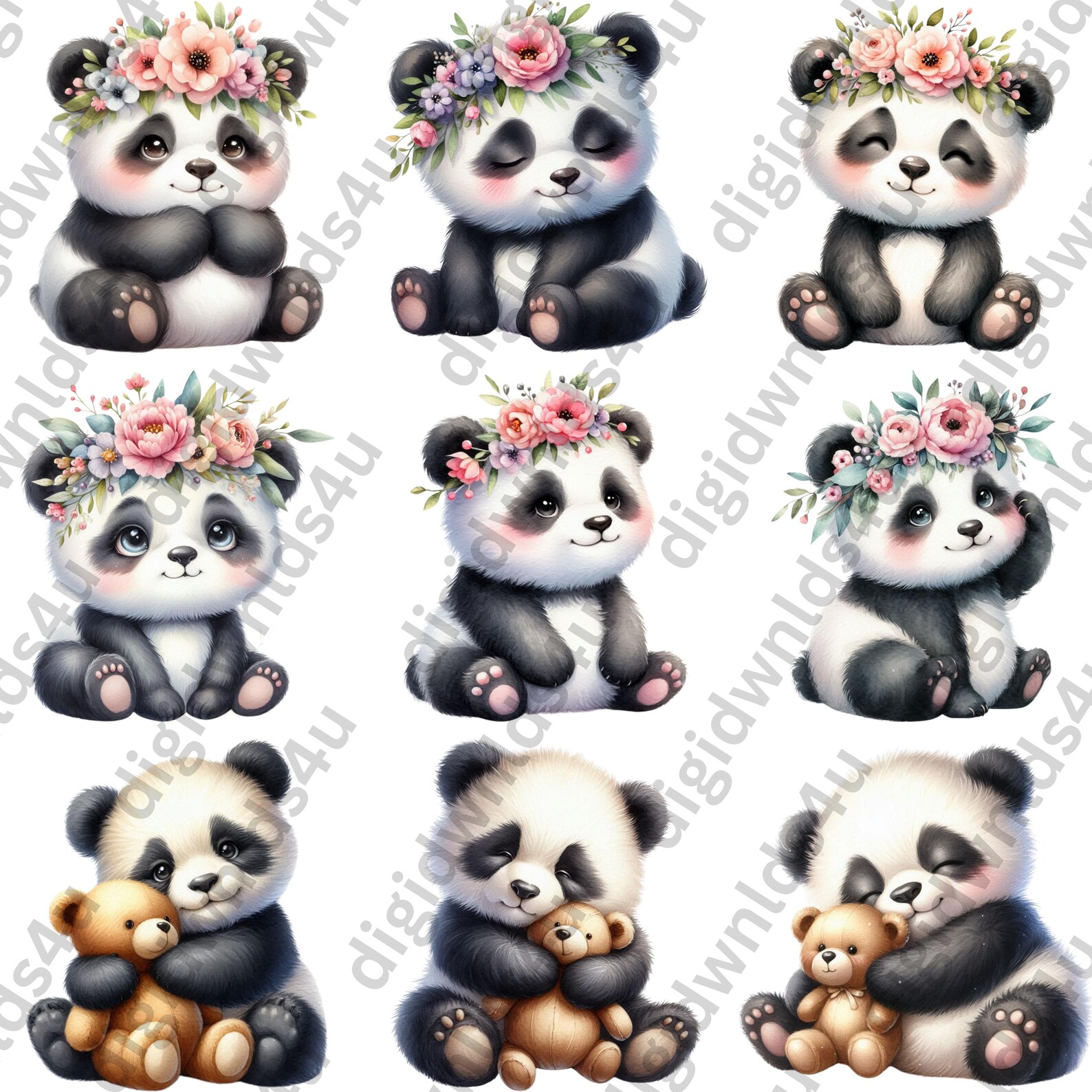 Watercolor Baby Panda Clipart Bundle: Nursery Art PNG Images (digital ...