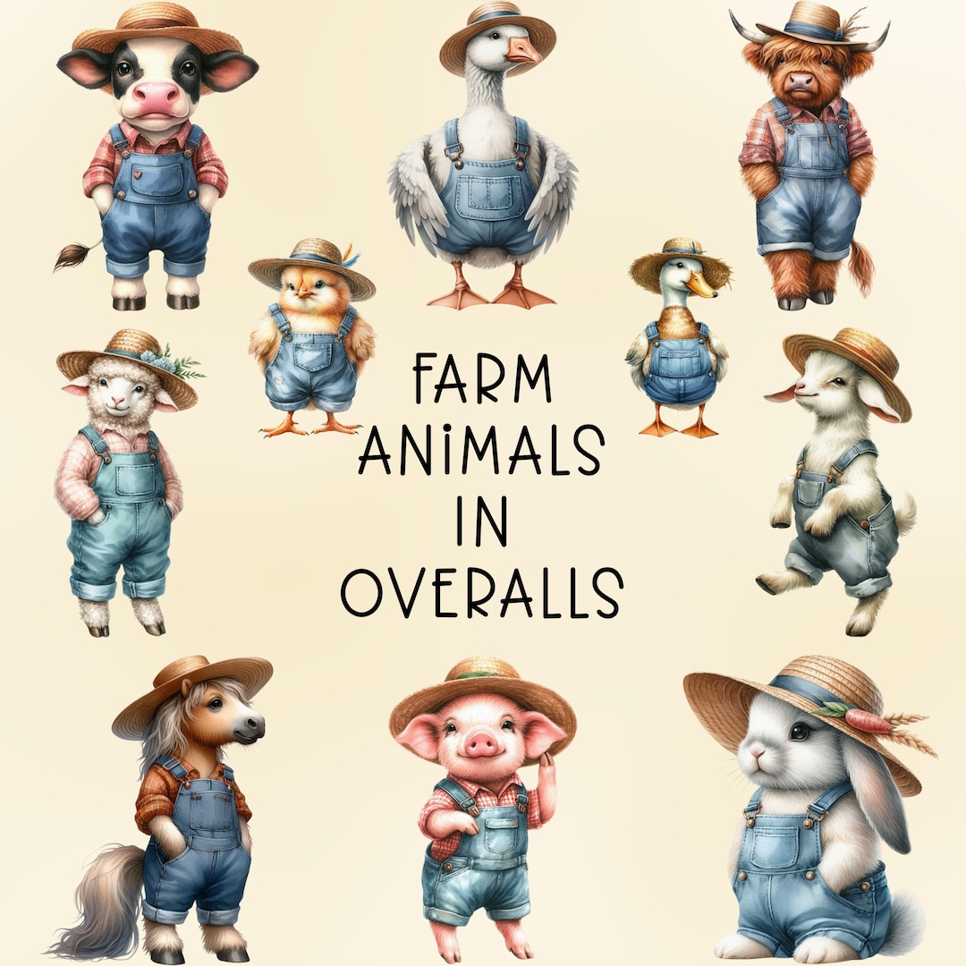 55 Farm Animals in Overalls Clipart PNG and SVG Sublimation Bundle ...
