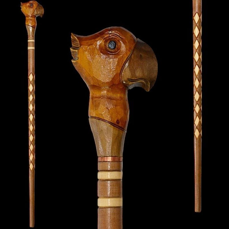 Parrot Cockatoo Wooden Cane With Carved Handle Decorative Functional ...