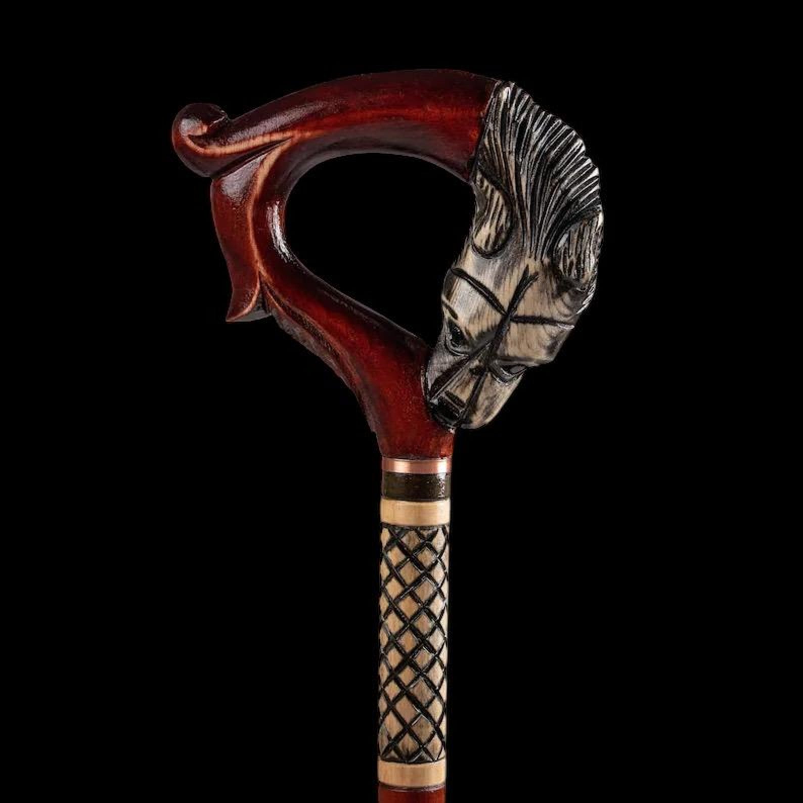 Wolf Cane Wooden Walking Stick Ergonomic Palm Grip Handle Wood Carved ...